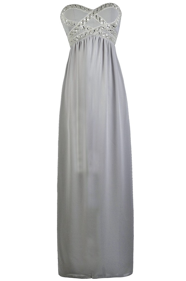 Grey Embellished Maxi Dress, Cute Grey Dress, Grey Beaded Prom Dress ...