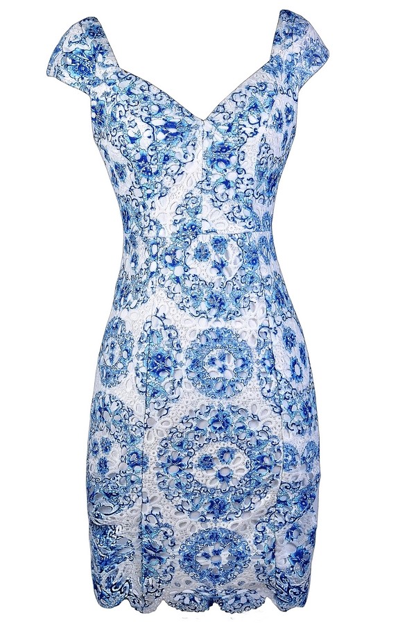 Sky Blue and White Lace Dress, Blue and White Lace Pencil Dress, Blue ...