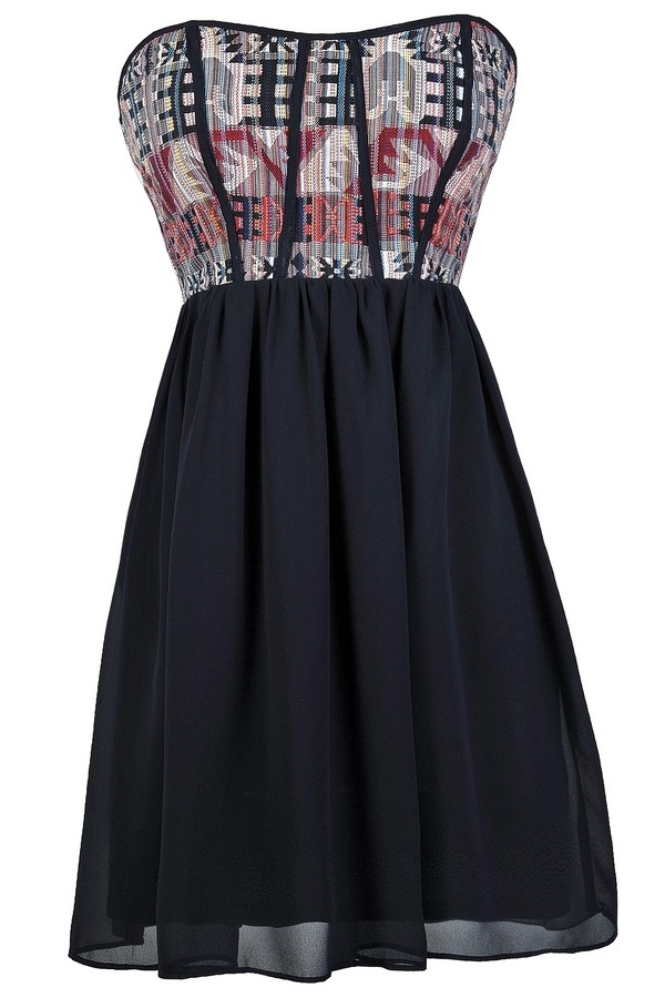 Cute Navy Dress, Navy Embroidered Dress, Navy Stitched Dress, Navy ...