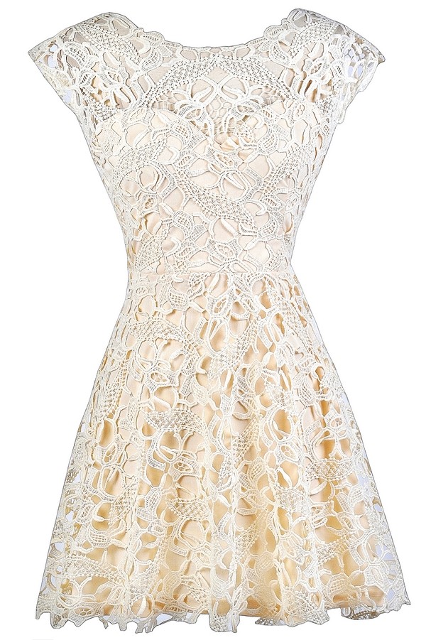 Beige Lace Dress, Cute Beige Dress, Beige Lace A-Line Dress, Beige Lace ...