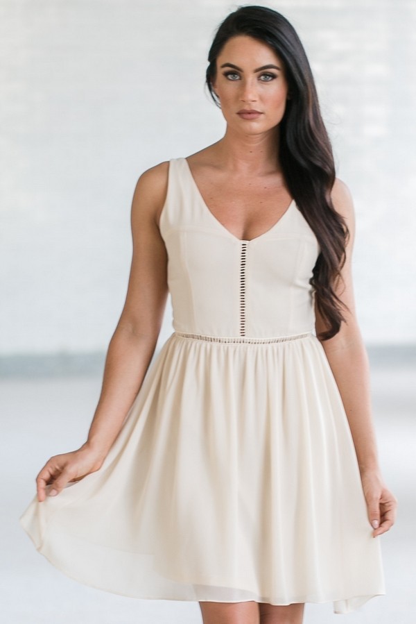 Beige A-line Dress, Cute Sundress, Rehearsal Dinner Dress Lily Boutique