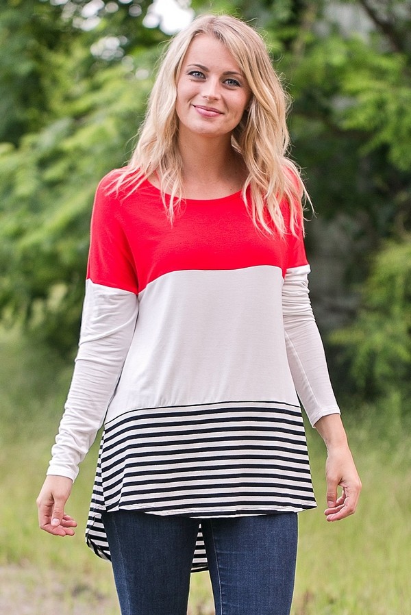 Red Colorblock Stripe Top, Game Day Red Top, Cute Casual Top Lily Boutique