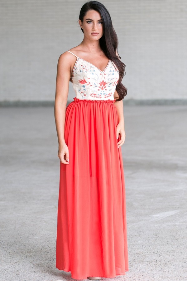 Coral Red Embroidered Maxi Dress, Cute Summer Maxi Dress, Open Back ...