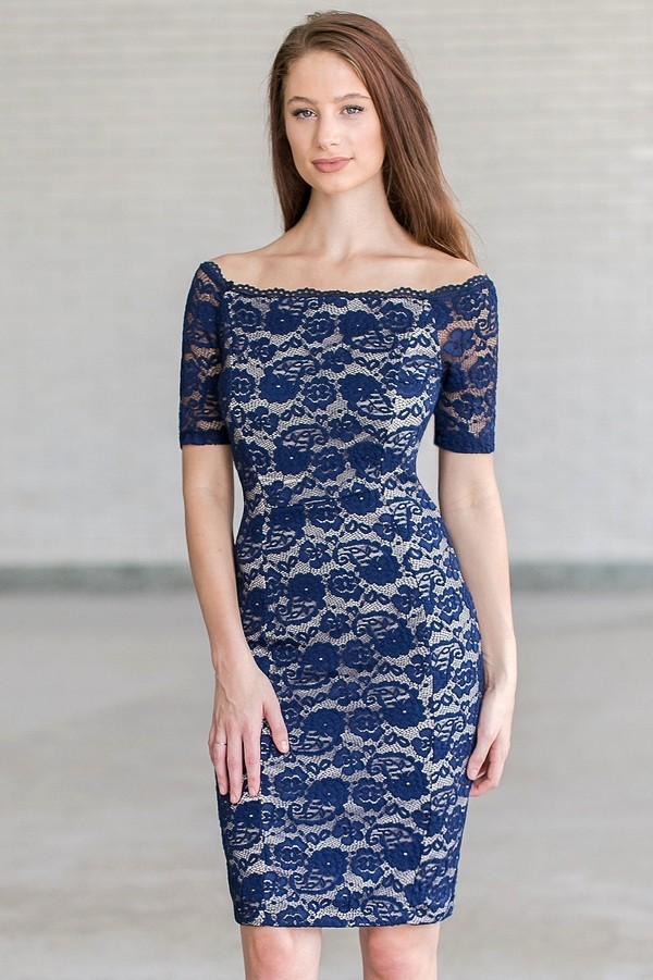 Navy Lace Pencil Dress, Cute Navy Dress, Navy Cocktail Dress Lily Boutique