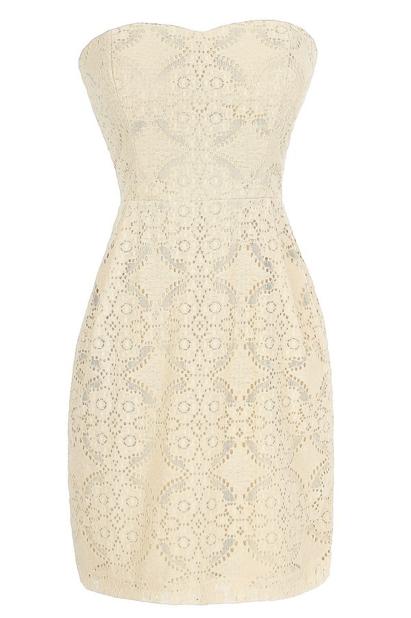 Cute Beige Strapless Lace Dress, Beige Lace Strapless Sweetheart Dress ...
