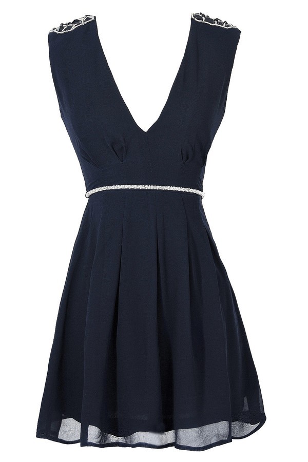 Cute Navy Embellished Dress, Navy Beaded Shoulder Dress, Embellished ...