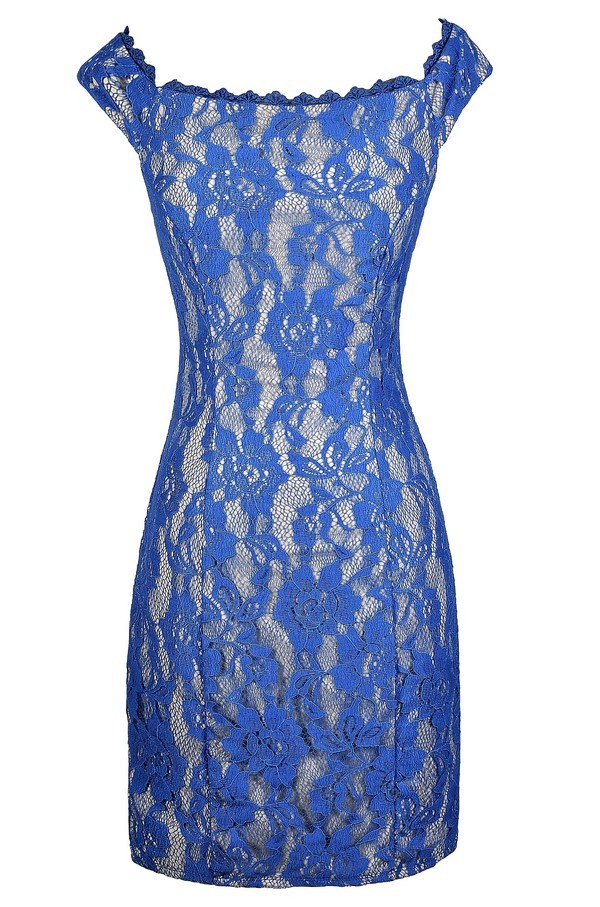 Bright Blue Lace Dress, Blue Lace Off Shoulder Dress, Lace Off Shoulder ...