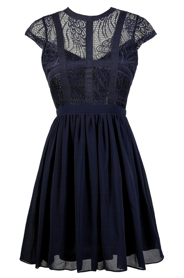 Cute Navy Dress, Navy Lace Dress, Blue Lace Dress, Navy A-Line Dress ...
