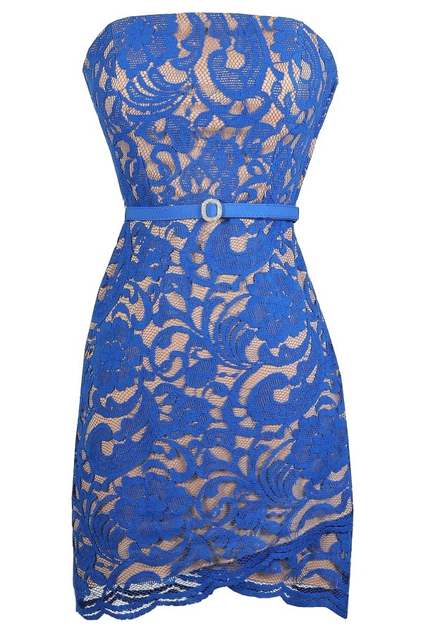 Blue Lace Dress, Cute Blue Dress, Bright Blue Lace Dress, Crossover Hem ...