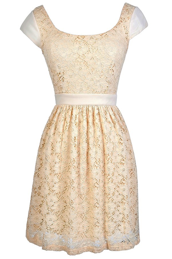 Beige Lace Dress, Cute Beige Lace Dress, Beige Lace Capsleeve Dress ...