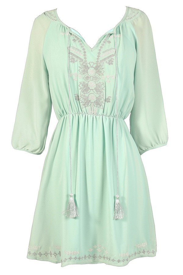 Green Three Quarter Sleeve Dress, Mint Chiffon Dress, Cute Mint Dress ...