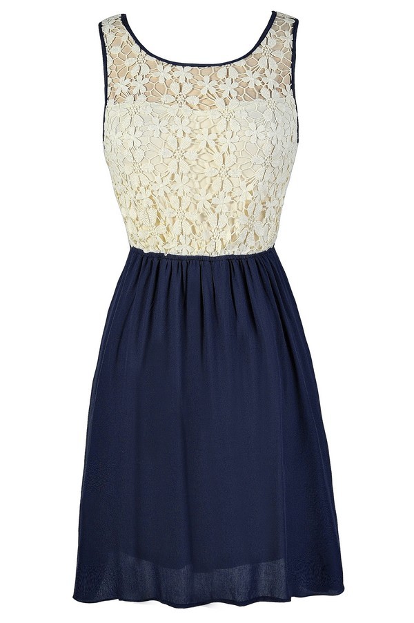 Cute Navy Dress, Navy Lace Dress, Navy and Ivory Lace Dress, Navy ...