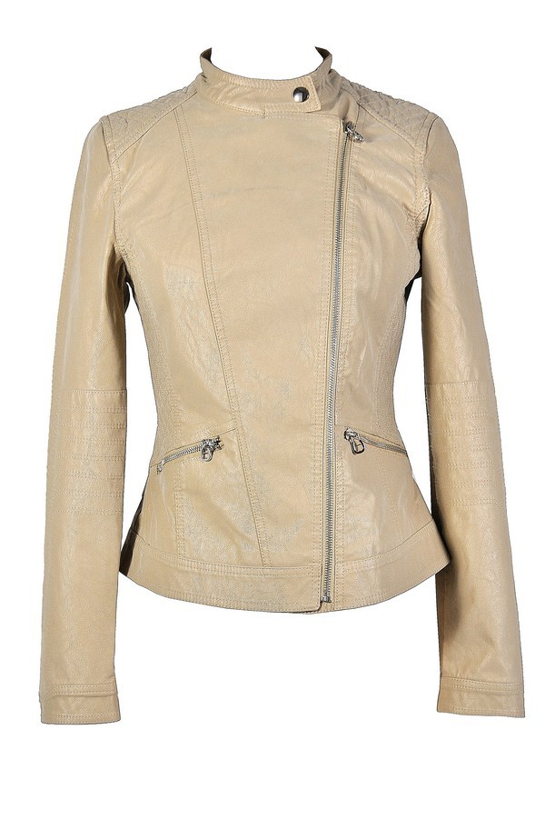 Beige Leatherette Jacket, Cute Beige Jacket, Beige Crossover Jacket ...