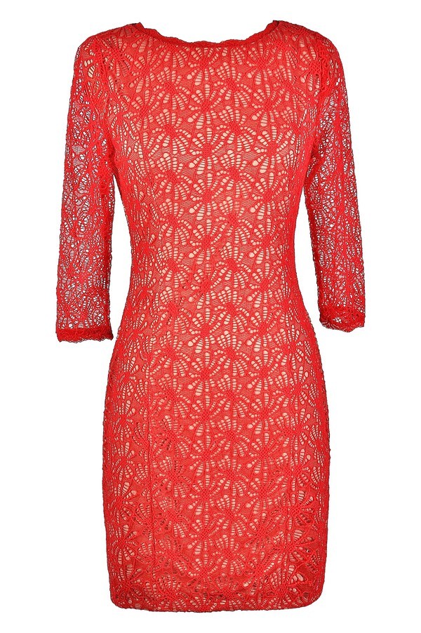 Red Lace Dress, Red Lace Pencil Dress, Red Lace Three Quarter Sleeve ...