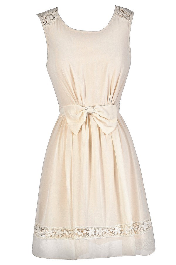 Beige Bow Dress, Cute Beige Dress, Beige Party Dress, Beige Bow A-Line ...