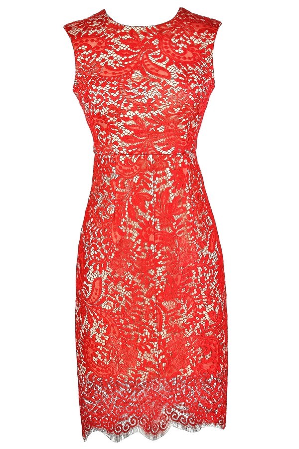 Bright Red Lace Dress, Red Lace Pencil Dress, Cute Bridesmaid Dress ...