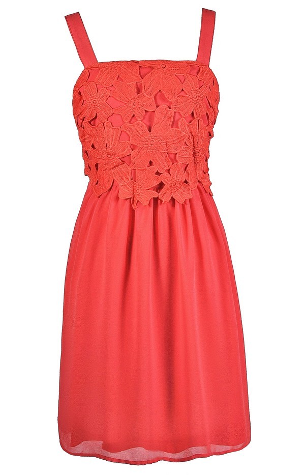 Cute Coral Dress, Coral Summer Dress, Coral Lace Dress, Coral A-Line ...