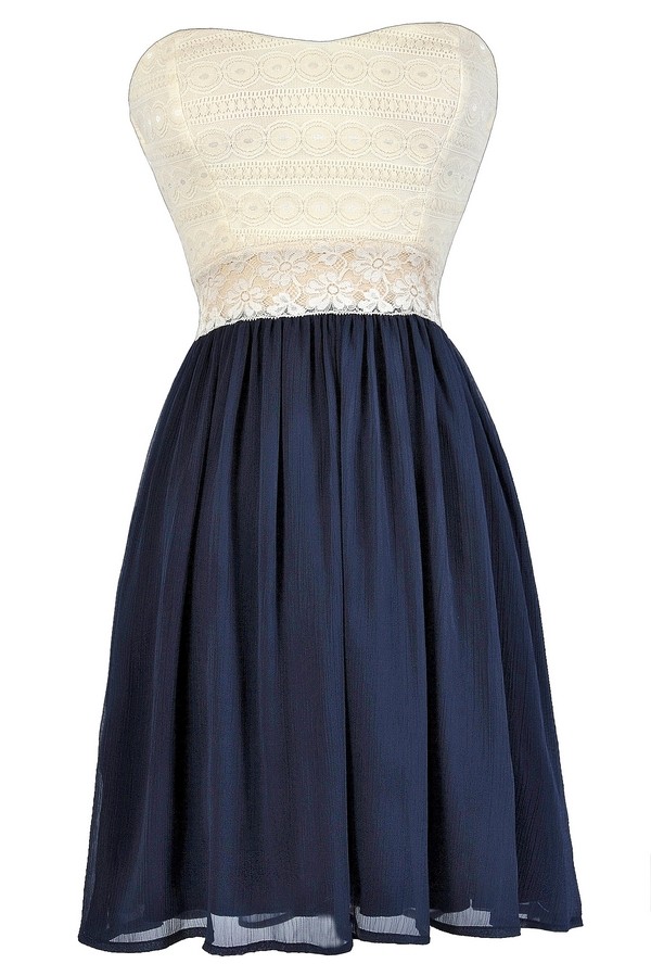 Navy and Ivory Lace Dress, Cute Navy Dress, Navy and Off White Lace ...