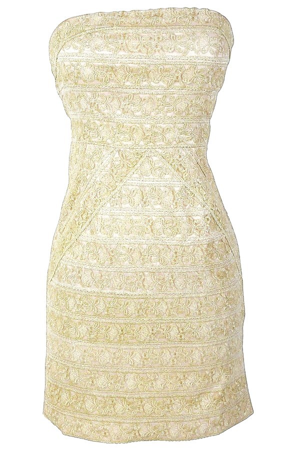 Gilded Gold Metallic Lace Strapless Designer Dress by Minuet Lily Boutique