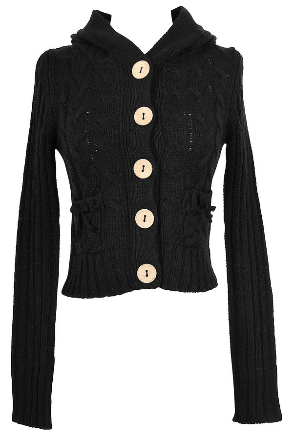 Button Front Hooded Sweater in Black Lily Boutique