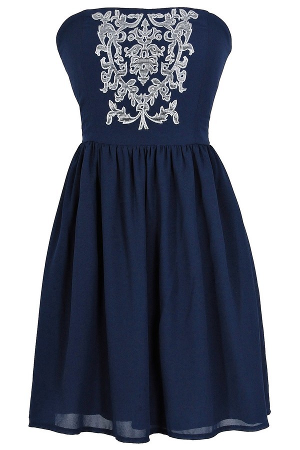 Filigree Embroidered Strapless Dress in Navy Lily Boutique
