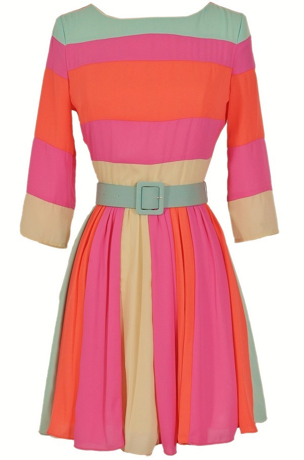 Rainbow Bright Belted Colorblock Designer Dress Lily Boutique