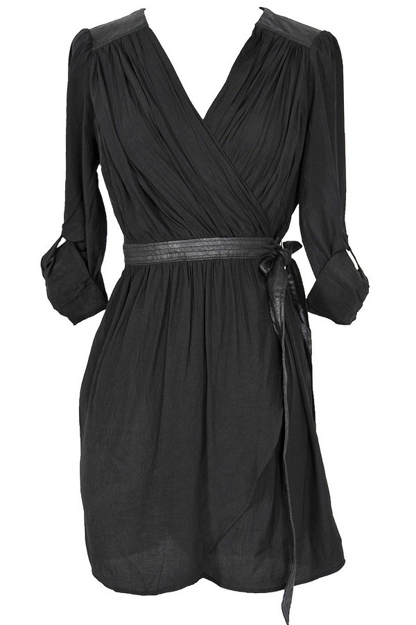 Leatherette Detail Wrap Dress in Black Lily Boutique
