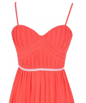 Cute Red Coral Embellished Chiffon Dress, Coral Minuet Dress, Red ...